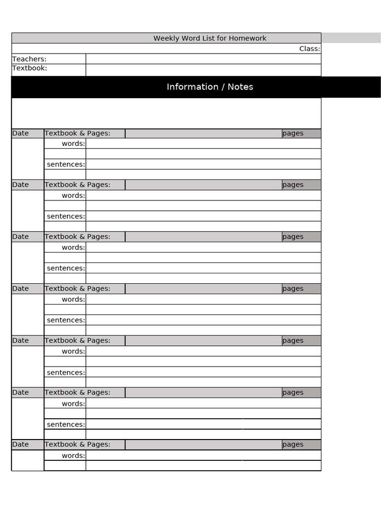 Weekly Homework Template | PDF