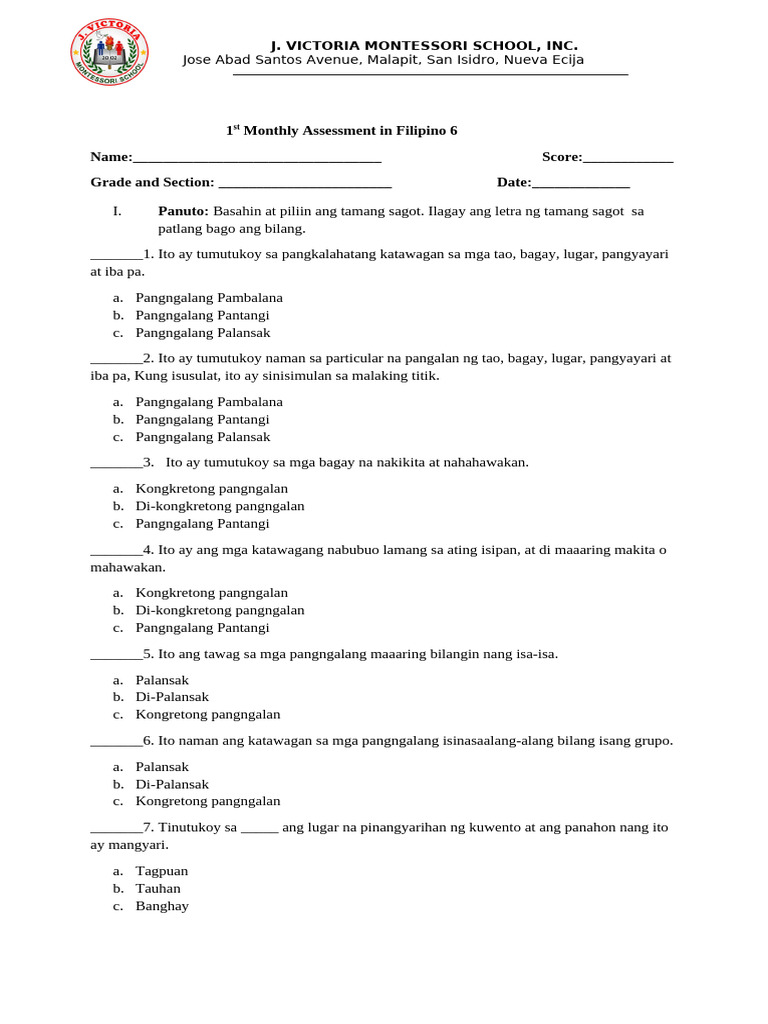 1st Monthly Assessment in Filipino 6 | PDF