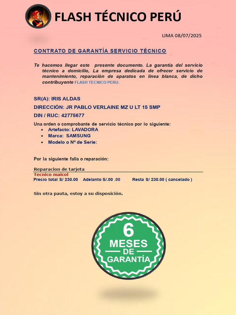 Garantía Técnica 2025-468 | PDF