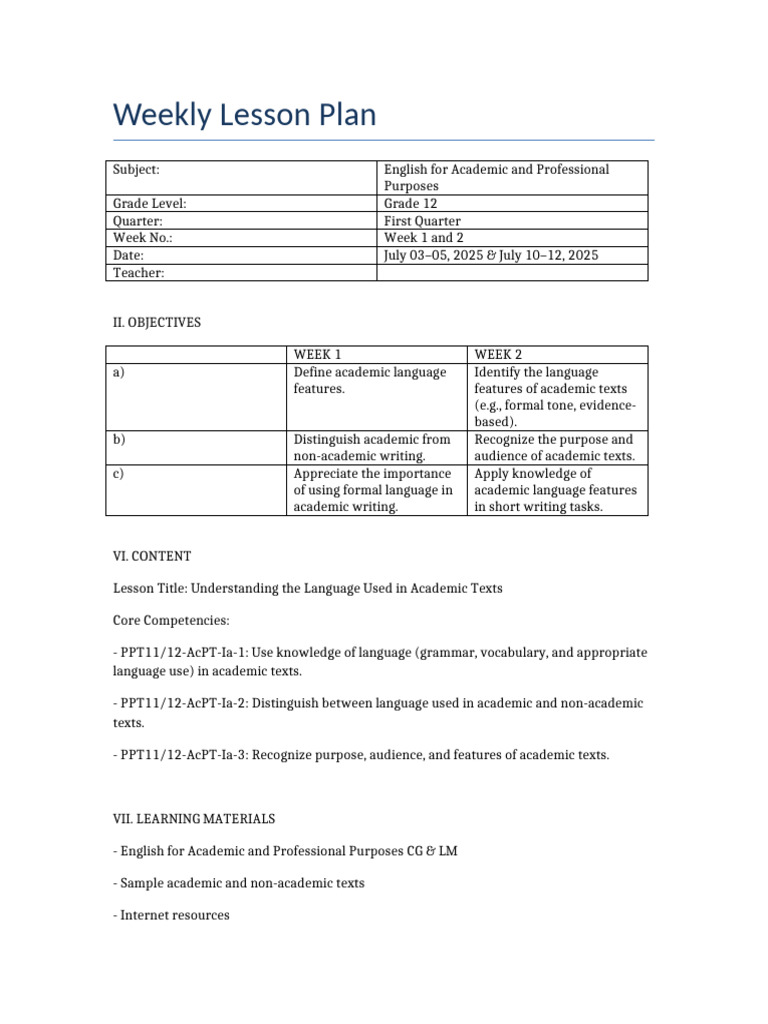 EAPP Weekly Lesson Plan Week1 2 | PDF | Lesson Plan | Writing