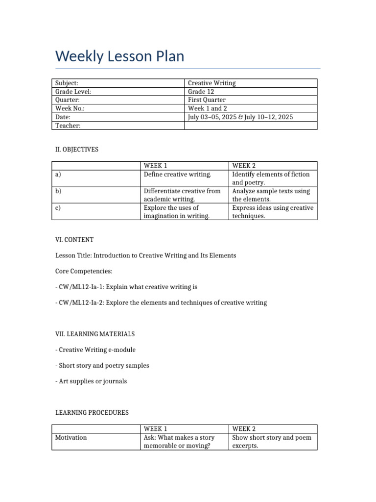 Creative Writing Lesson Plan Week1 2 | PDF