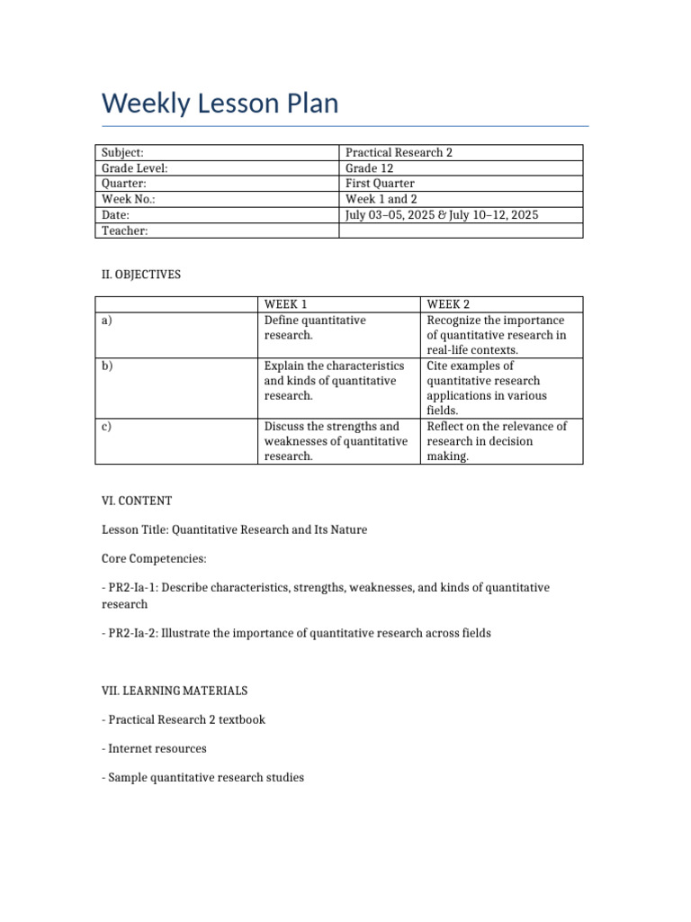 Practical Research 2 Lesson Plan Week1 2 | PDF | Lesson Plan | Learning