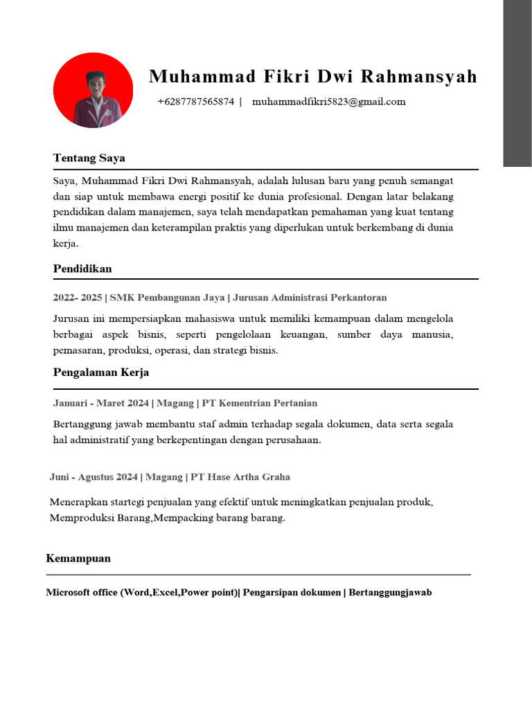 CV Muhammad Fikri Dwi Rahmansyah | PDF