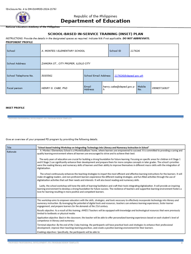 AMES1 School Based INSET Plan Final | PDF | Learning | Teachers