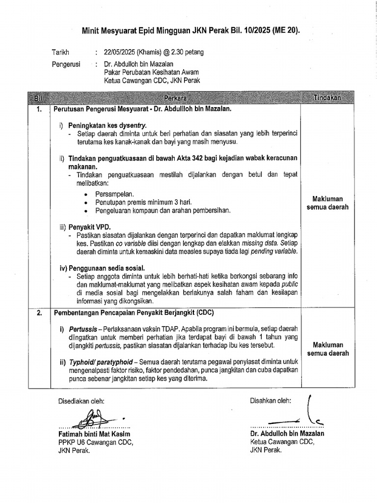 Minit Mesyuarat Epid Mingguan | PDF