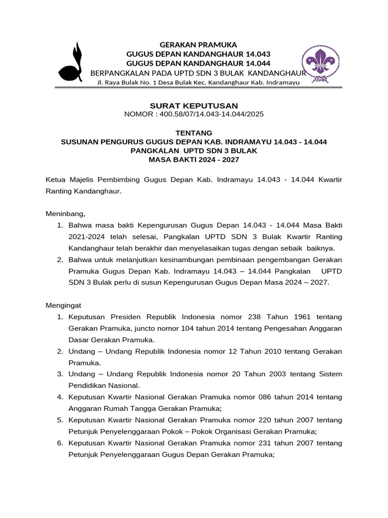 SK Pengurus Gugus Depan Pramuka 2024-2027 | PDF