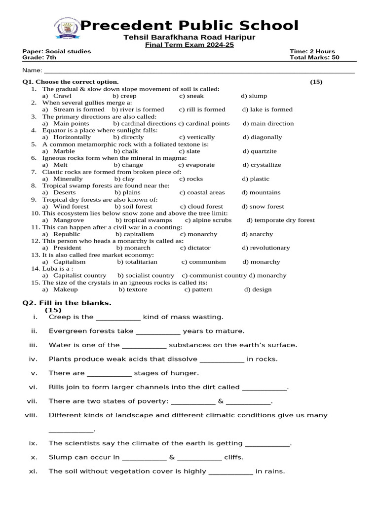 Grade 7 Social Studies Final Exam 2024 | PDF | Rock (Geology) | Soil