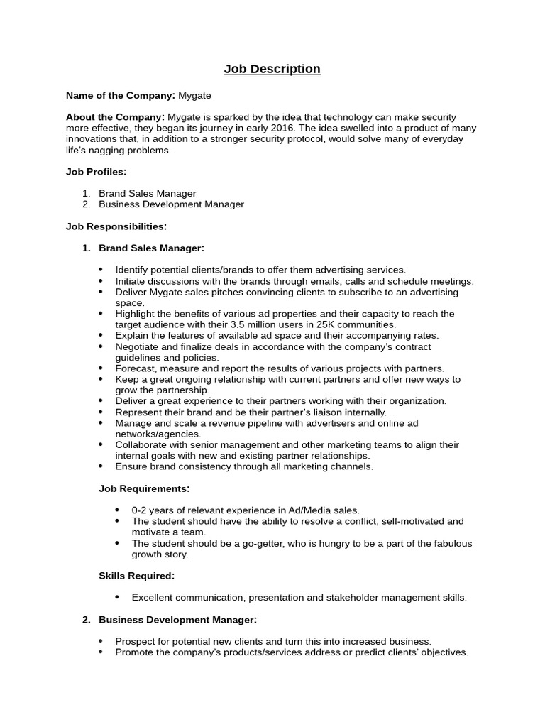 Mygate Job Description-6 | PDF | Business Development | Advertising