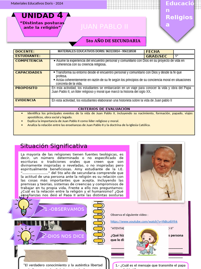 Ficha de Actividad Sem 1 Religion 5to | PDF | Papa juan pablo ii | Iglesia Católica
