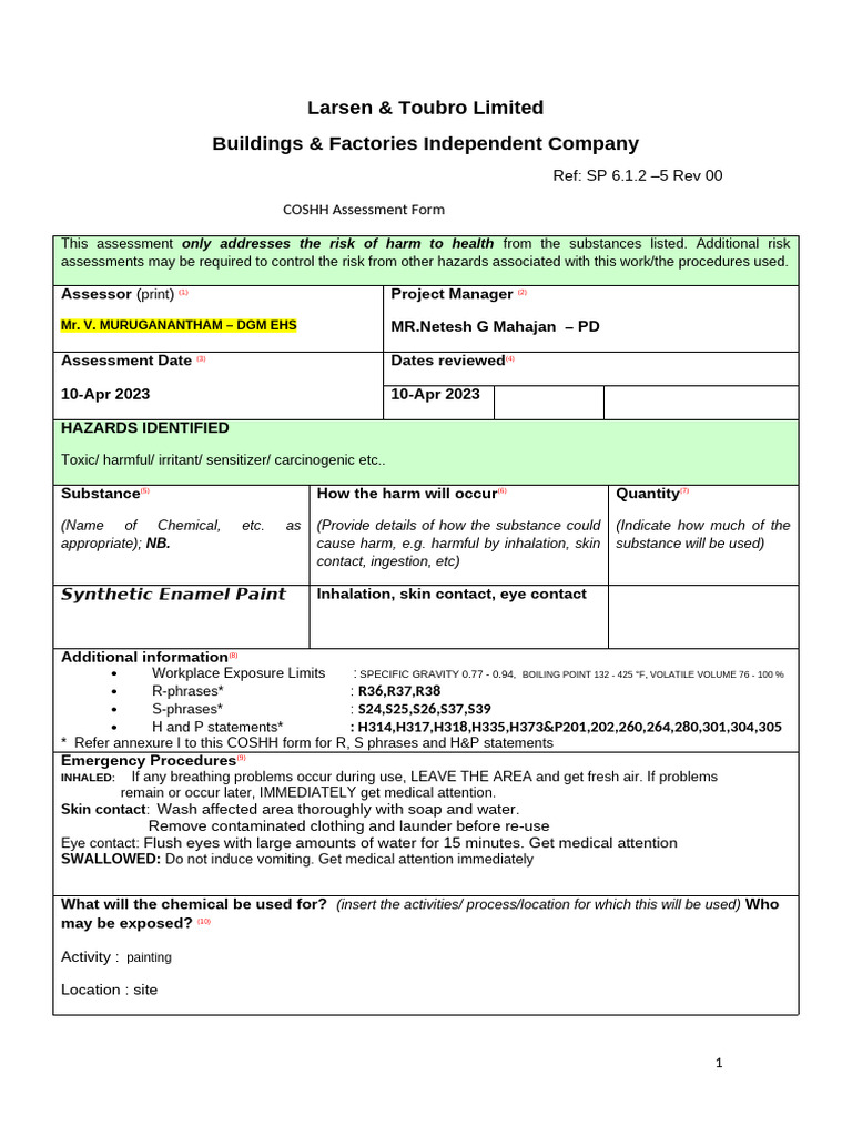 SP 6.1.2-7 COSHH-Assessment-Form - 10 Synthetic Enamel Paint | PDF ...