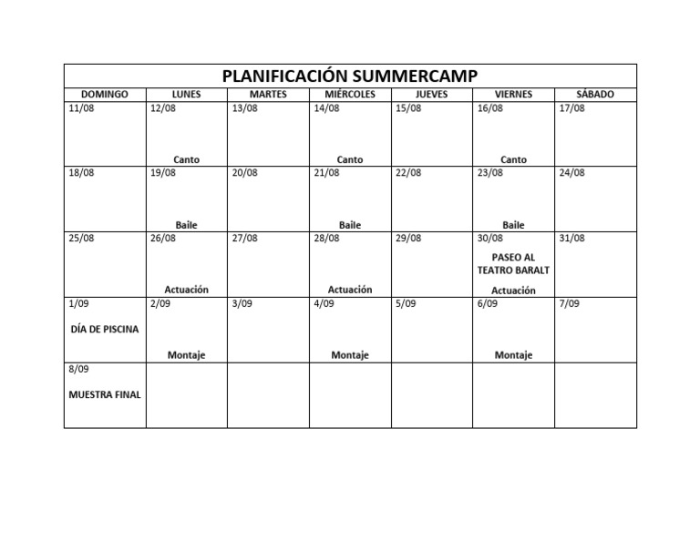 Planificación Summercamp 2024: Espacio Broadway | PDF