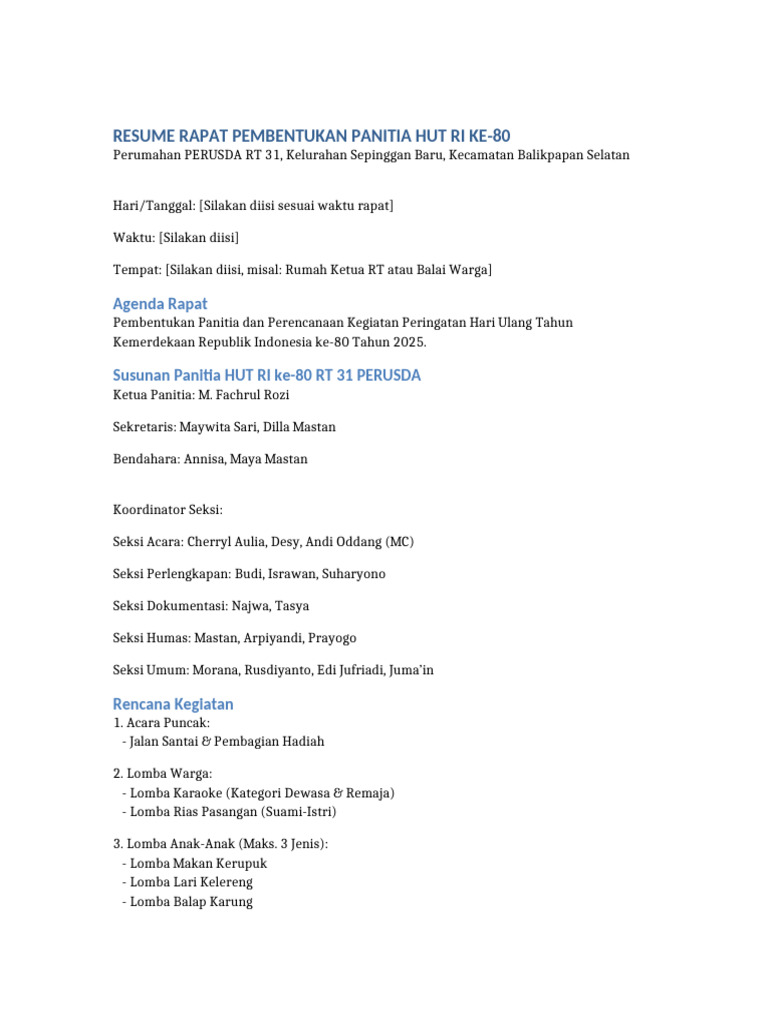 Resume Rapat Panitia HUT RI 80 RT31 | PDF