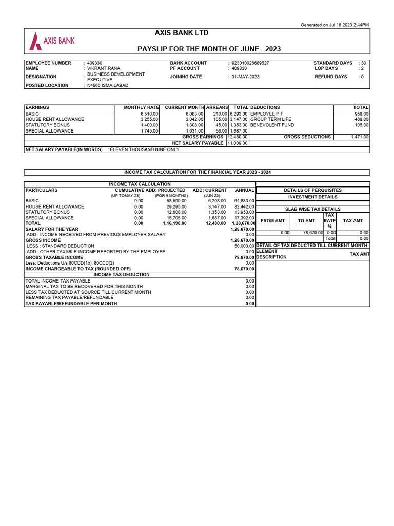 June 2023 Payslip for Vikrant Rana | PDF | Income Tax | Taxes