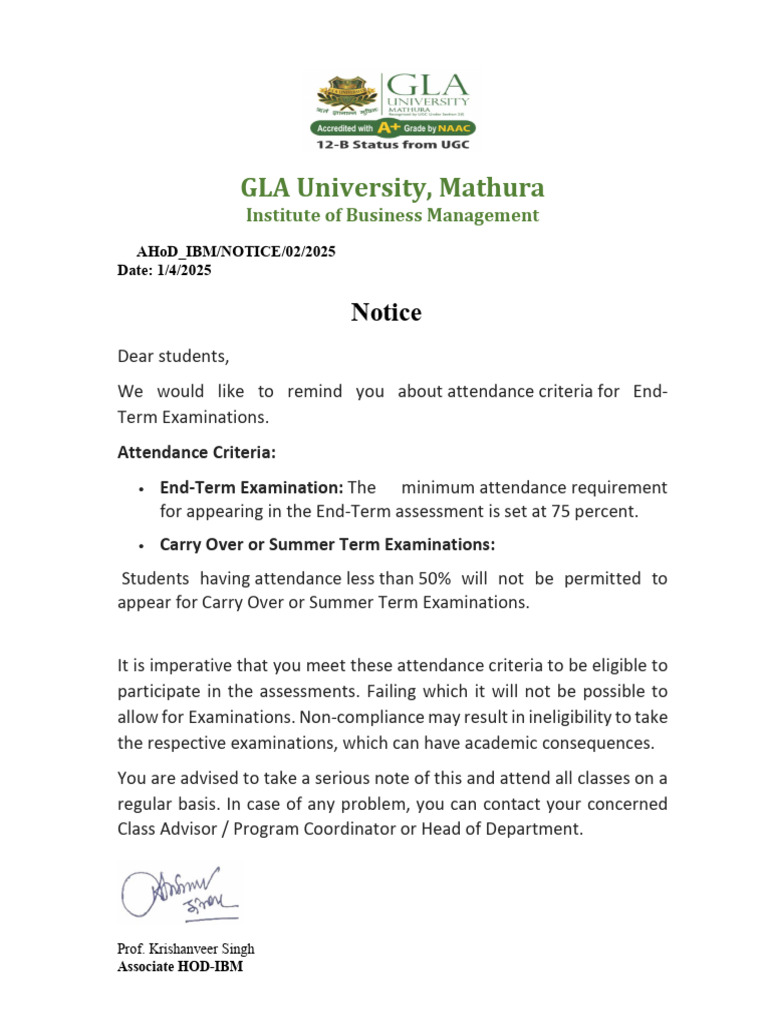 Notice For Attendance Criteria | PDF
