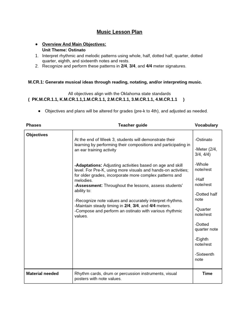Oct. 21 To Nov 8 Music Lesson Plan | PDF | Rhythm | Performing Arts