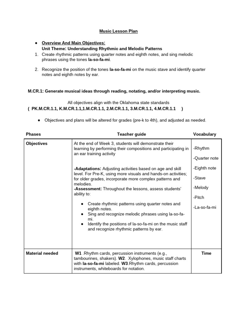September 23 To Oct 15 Music Lesson Plan | PDF | Rhythm | Melody
