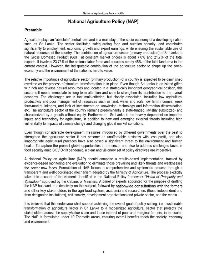 Sri Lanka's National Agriculture Policy | PDF | Agriculture | Sri Lanka