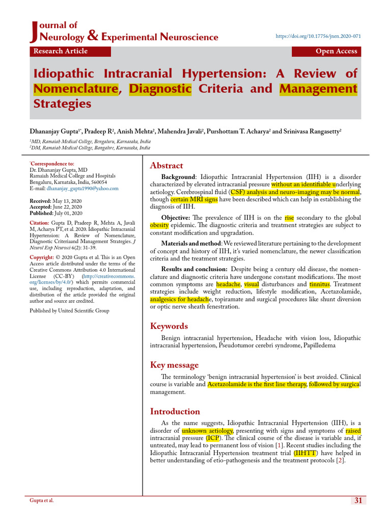Idiopathic Intracranial Hypertension A Review | PDF | Cerebrospinal ...