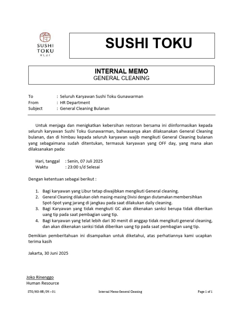 Pemberitahuan General Cleaning Bulanan | PDF
