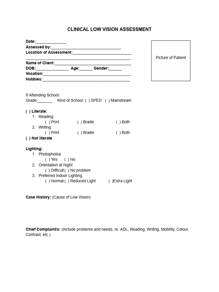 Clinical Low Vision Assessment Form | PDF | Visual Impairment | Glasses