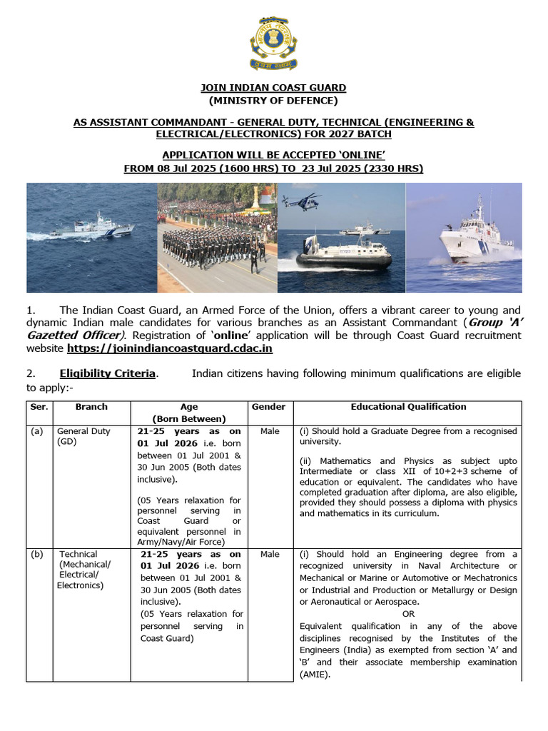 ICG Assistant Commandant Notification 2025 | PDF | Academic Degree ...