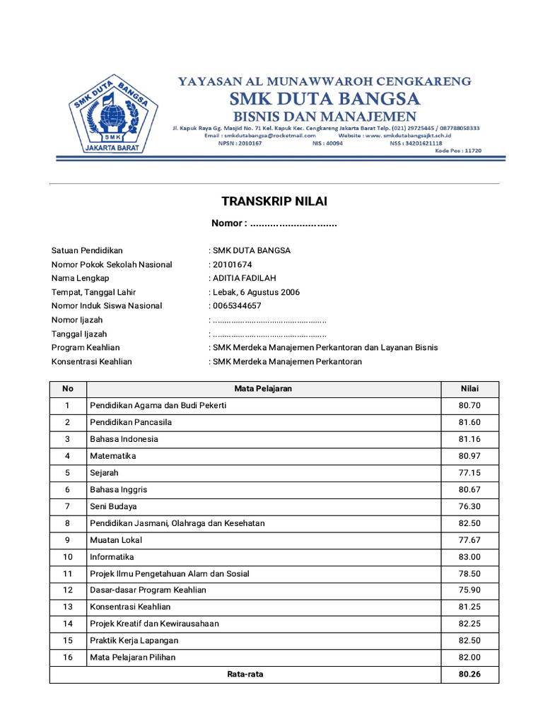 Transkrip Nilai 2025 | PDF