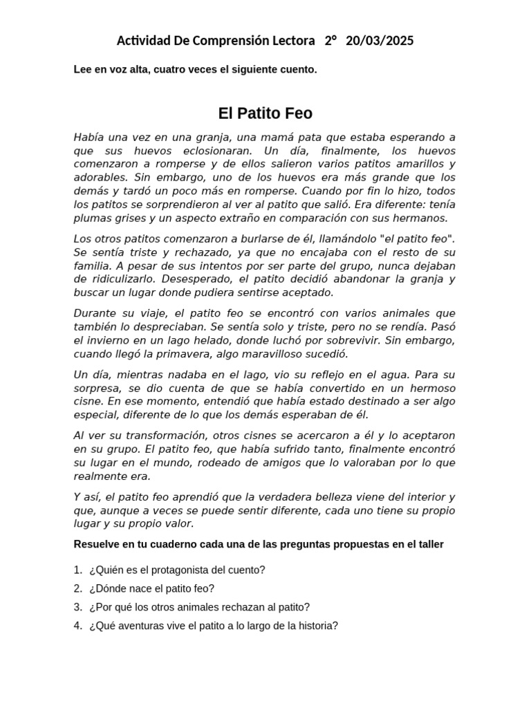 Actividades del Patito Feo para 2° grado | PDF | El patito feo