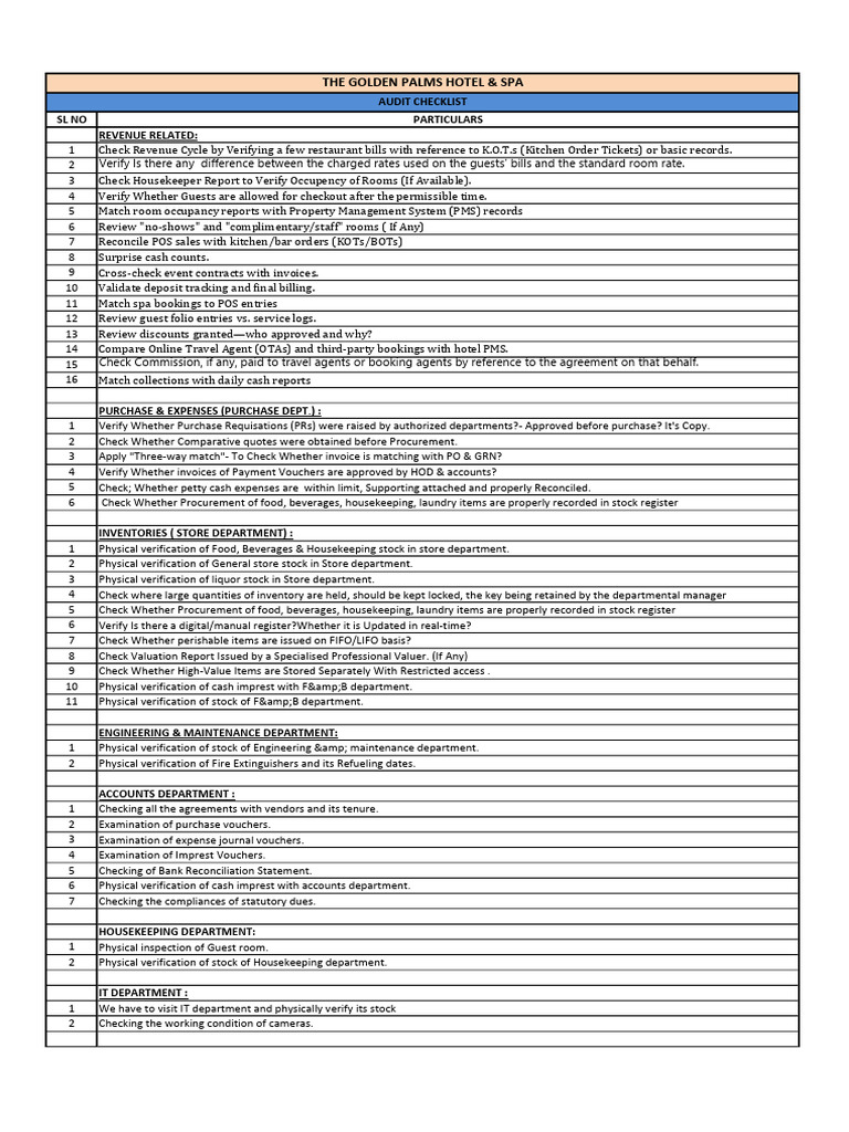 Hotel Internal Audit Checklist | PDF | Point Of Sale | Payments