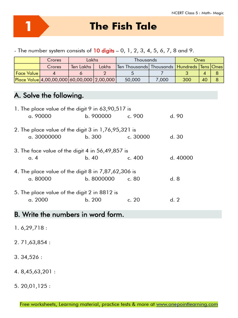 Class 5 Maths Chapter 1 The Fish Tale Worksheet | PDF