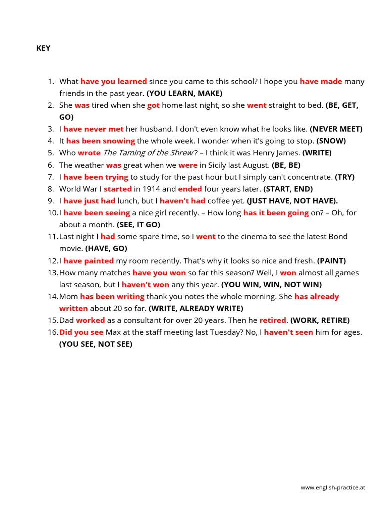 4 Simple Past & Present Perfect (Continuous) - Key | PDF