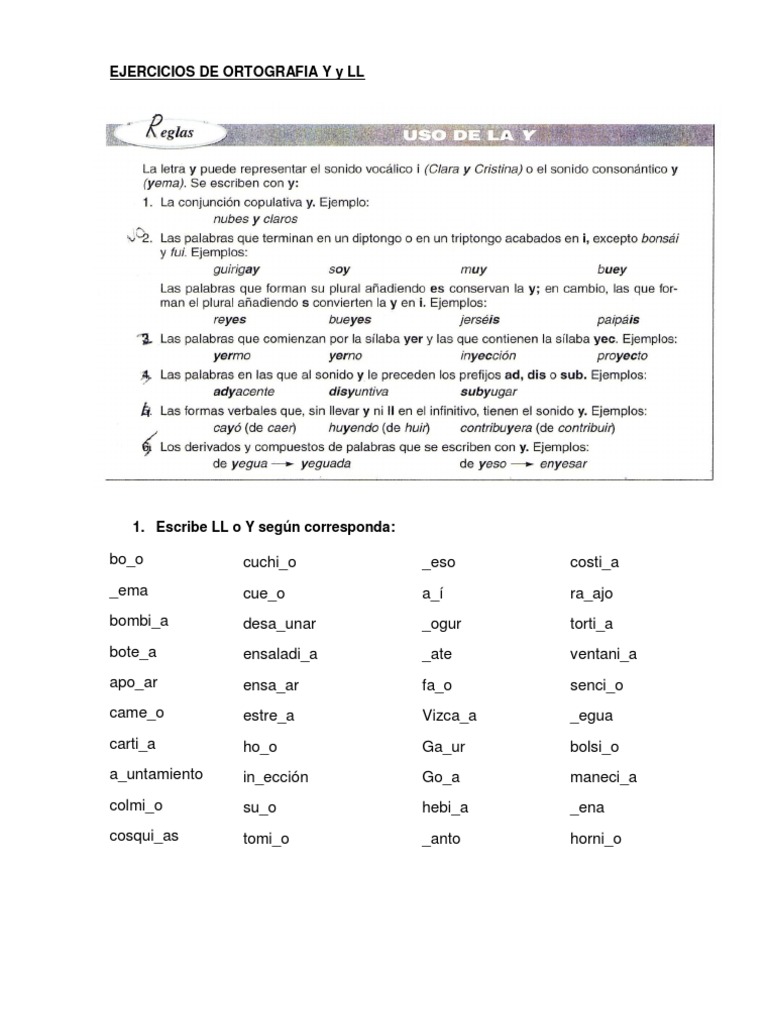 Ejercicios de ortografía: Y y LL | PDF | Artes del Lenguaje y ...