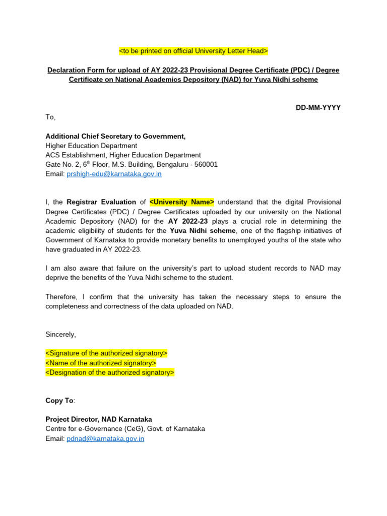 University Declaration Form For NAD Data Upload - V2.0 | PDF