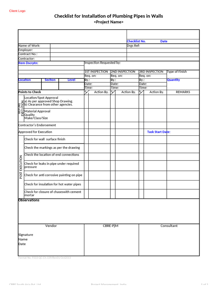Plumbing Pipe Installation Checklist | PDF | Pipe (Fluid Conveyance ...
