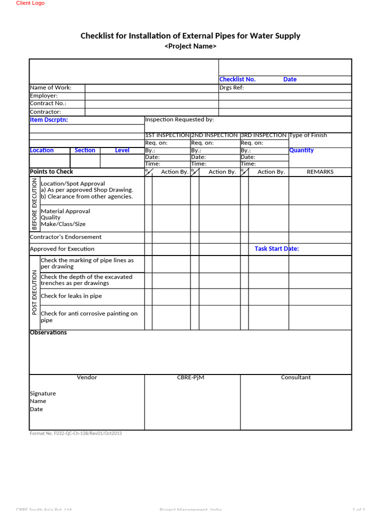 F032-QC MEP PLMB External Pipe CHK List | PDF