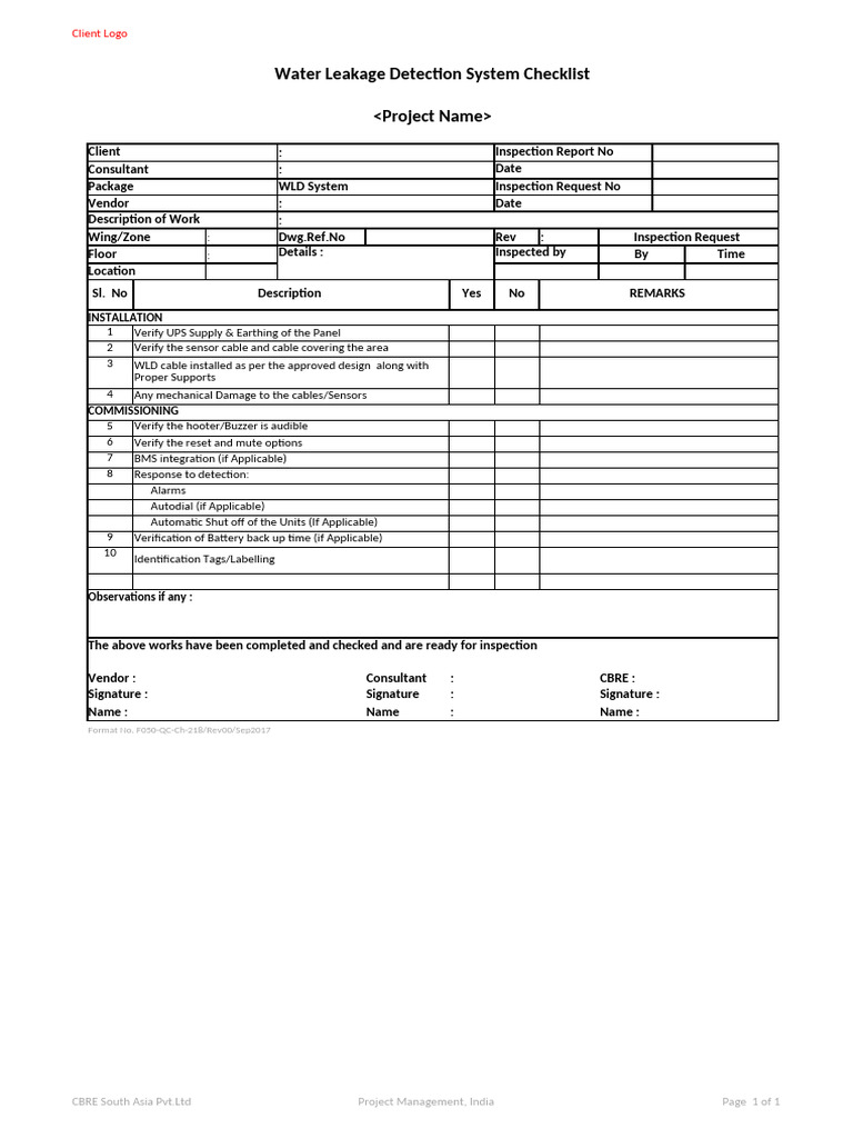 Water Leakage Detection System Checklist | PDF