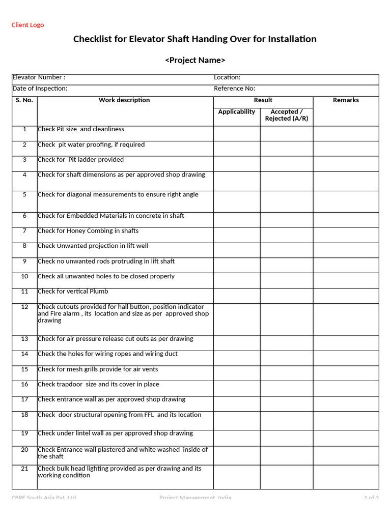 Elevator Shaft Handover Checklist | PDF | Elevator | Manufactured Goods
