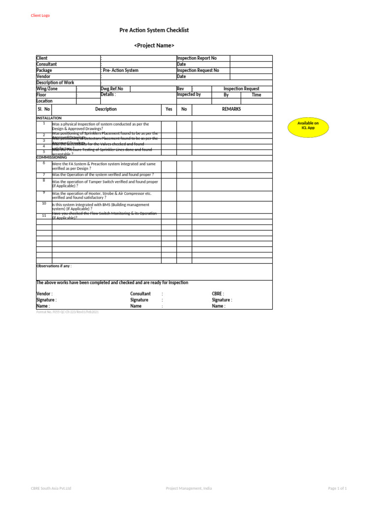 F055- QC MEP Pre-Action System Check List | PDF