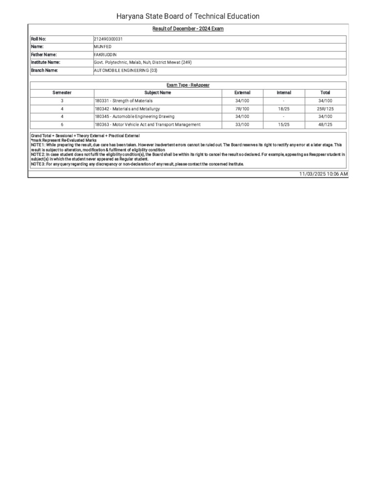 HSBTE December 2024 Reappear Results | PDF
