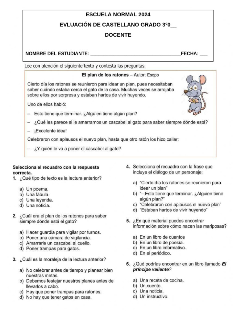 Examen Castellano Prueba Diagnostica | PDF