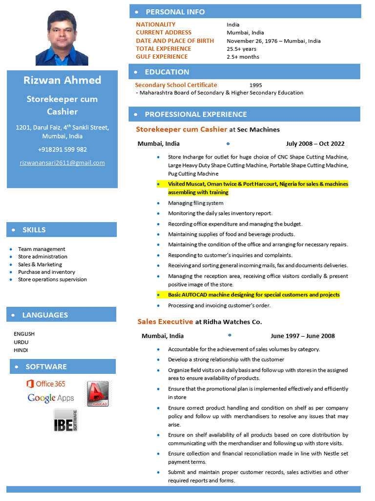 Storekeeper Cum Cashier - Resume - Rizwan Ahmed Ansari - 2022 | PDF