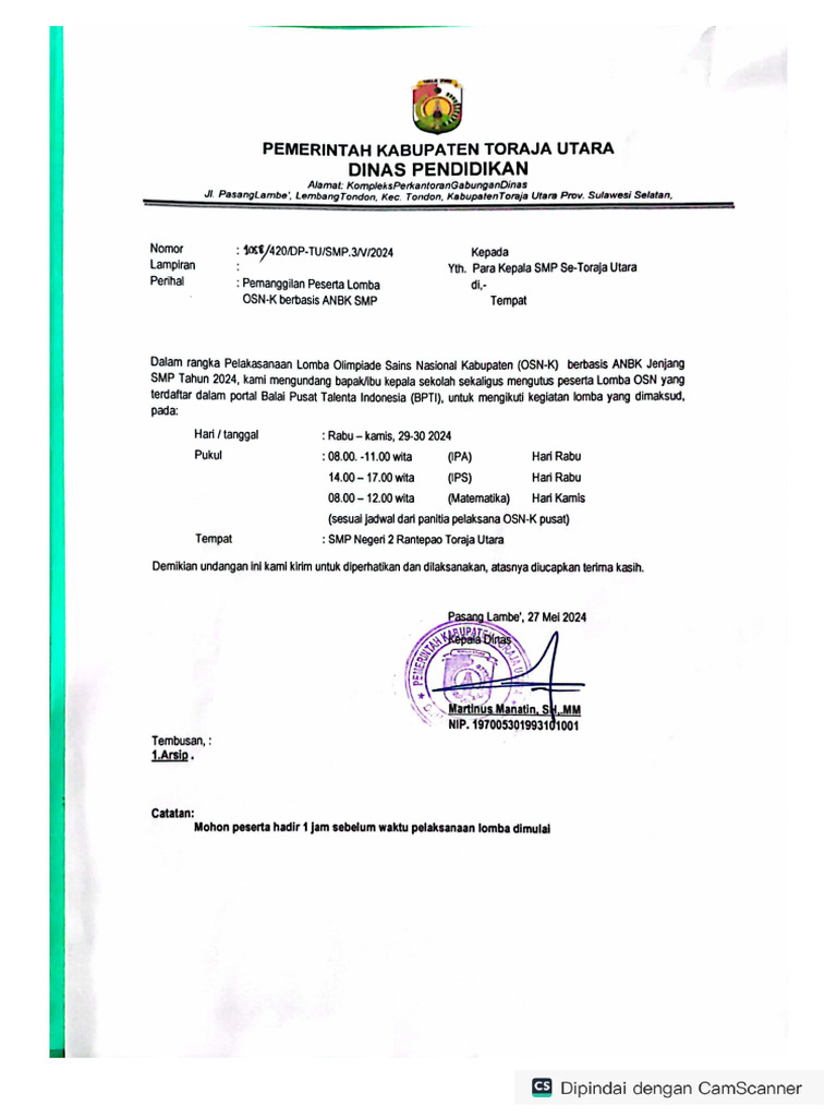 Pemanggilan Peserta Lomba OSN SMP | PDF