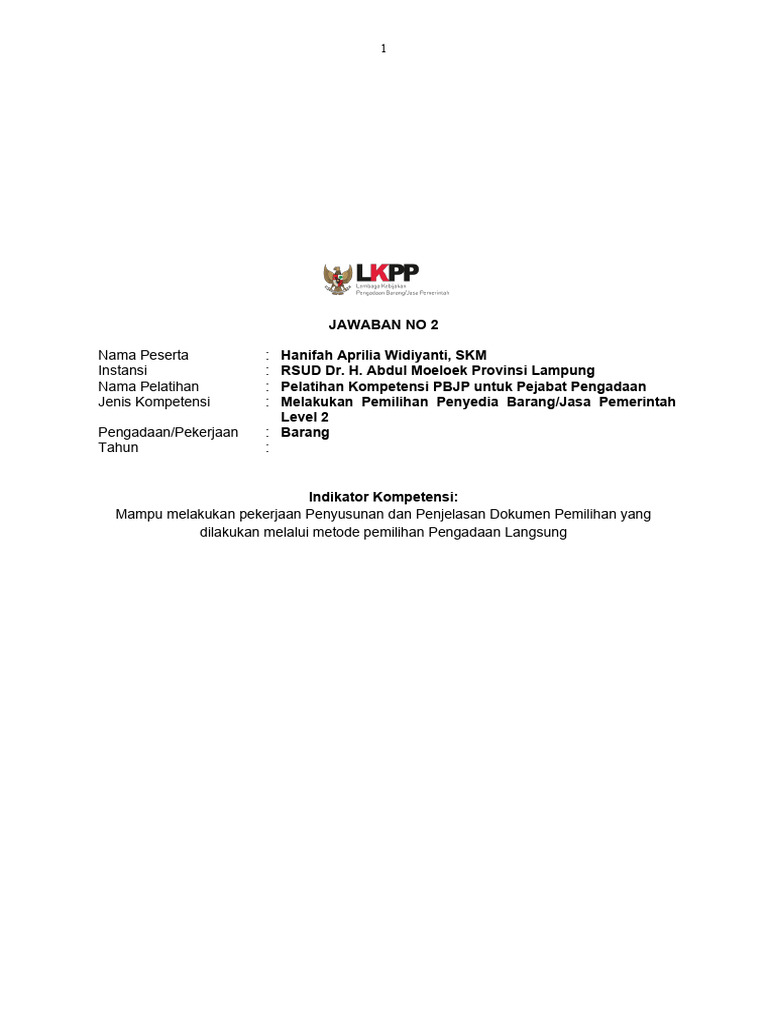 Lembar Jawaban No 2 Buku Kerja Pejabat Pengadaan - Pengadaan Barang) - Belum Fix | PDF
