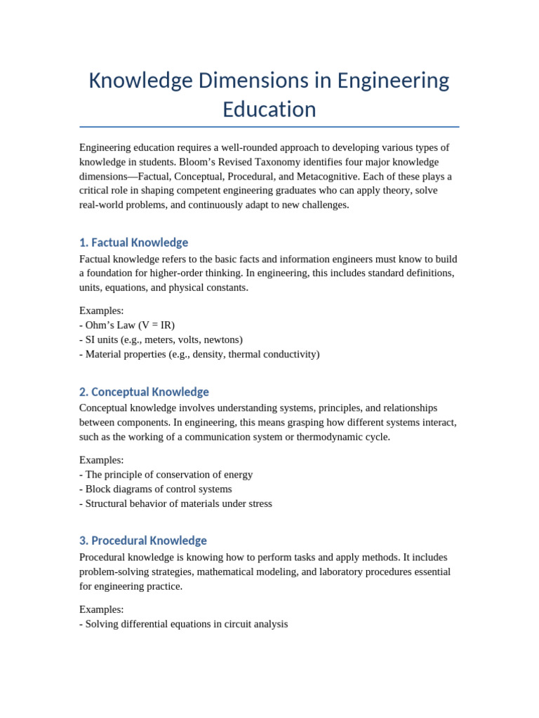 Knowledge Dimensions in Engineering Education | PDF