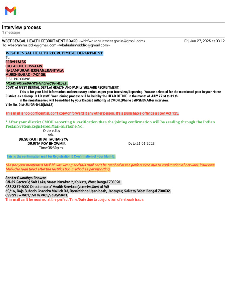 West Bengal Health Recruitment Interview Notice | PDF