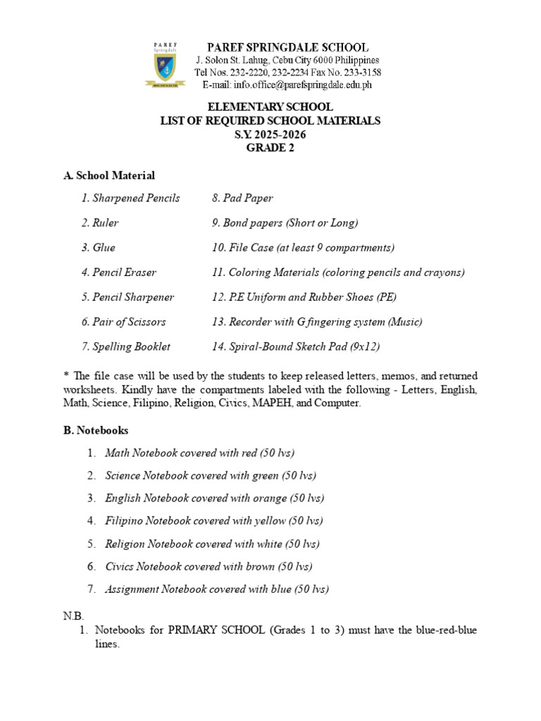 Grade 2 - List of School Materials (SY 2025-2026) | PDF | Conservation ...