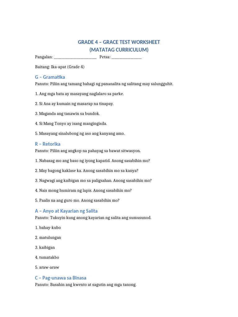 Grade 4 GRACE Test Worksheet | PDF