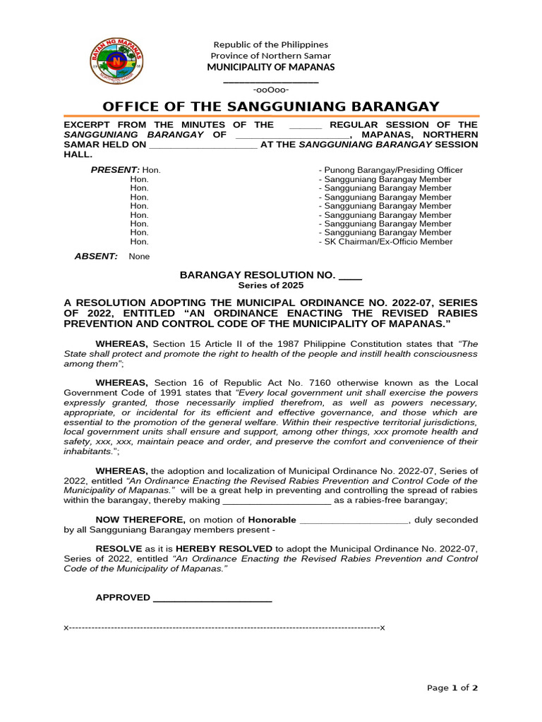 Barangay Resolution on Rabies Control | PDF | Public Law | Governance