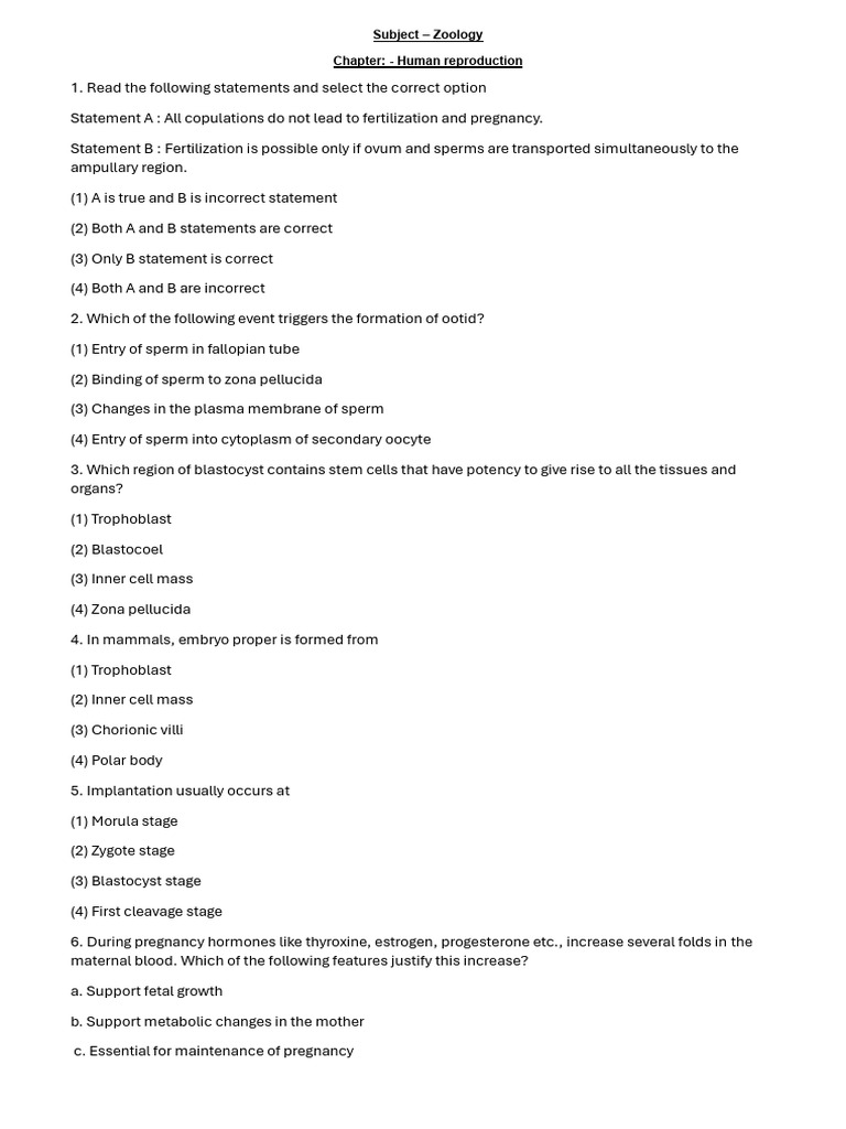 Human Reproduction Test-2 | PDF | Anatomy | Biological Processes