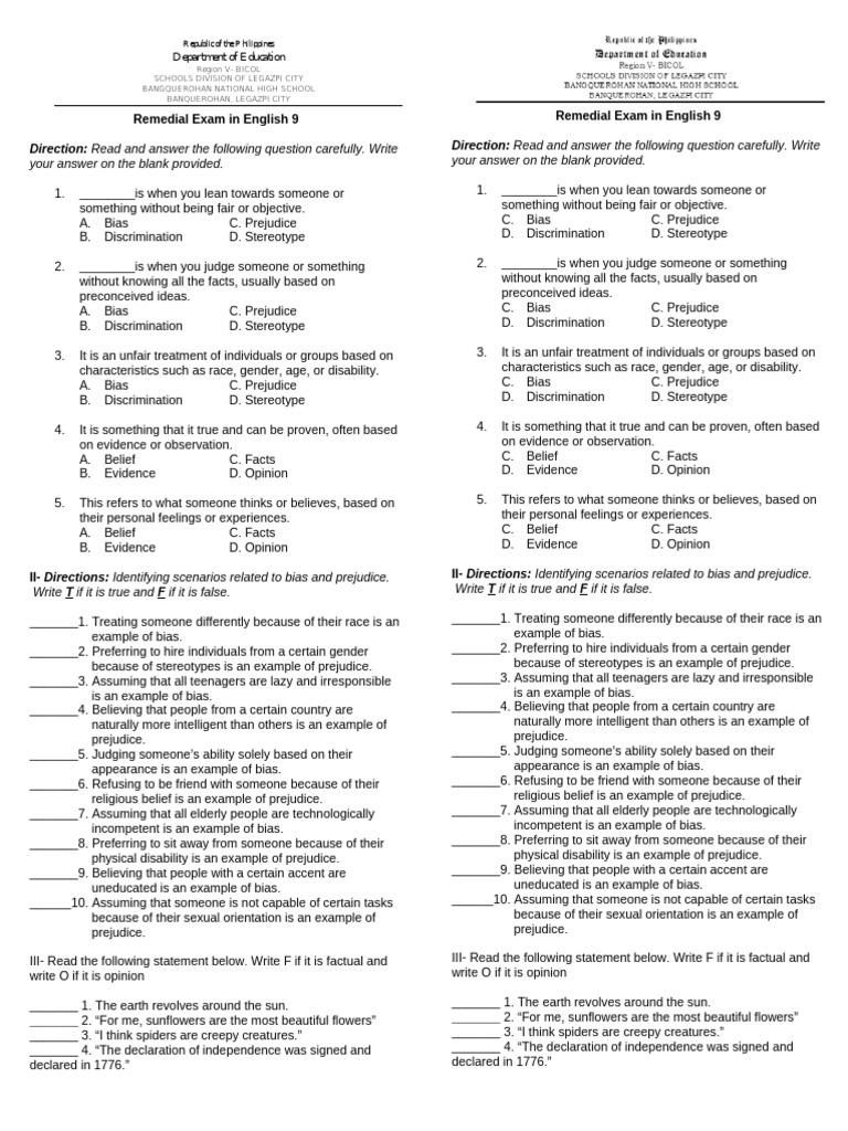 Remedial Exam in English 9 | PDF | Bias | Prejudices