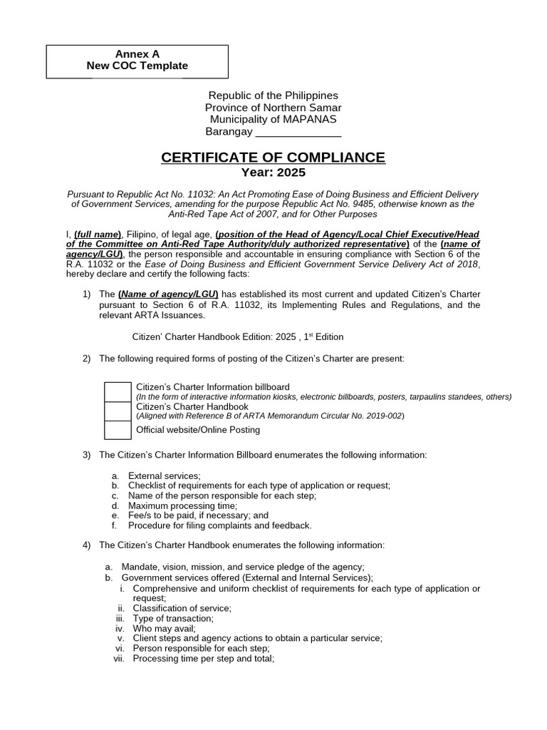 Arta Certificate-Of-compliance Template Barangay | PDF | Government